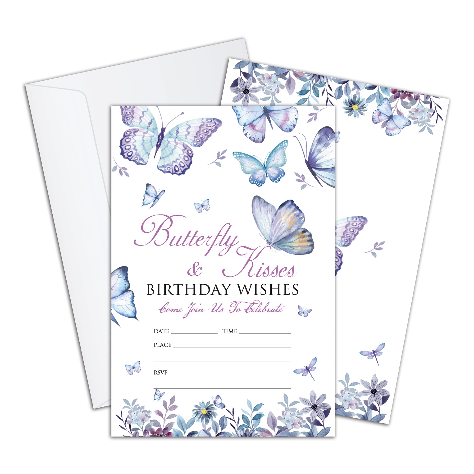 Watercolor Butterfly Birthday Invitations, Pack of 20 Fill-in Invitation Cards & 20 Envelopes, 4''X6'' - JY289