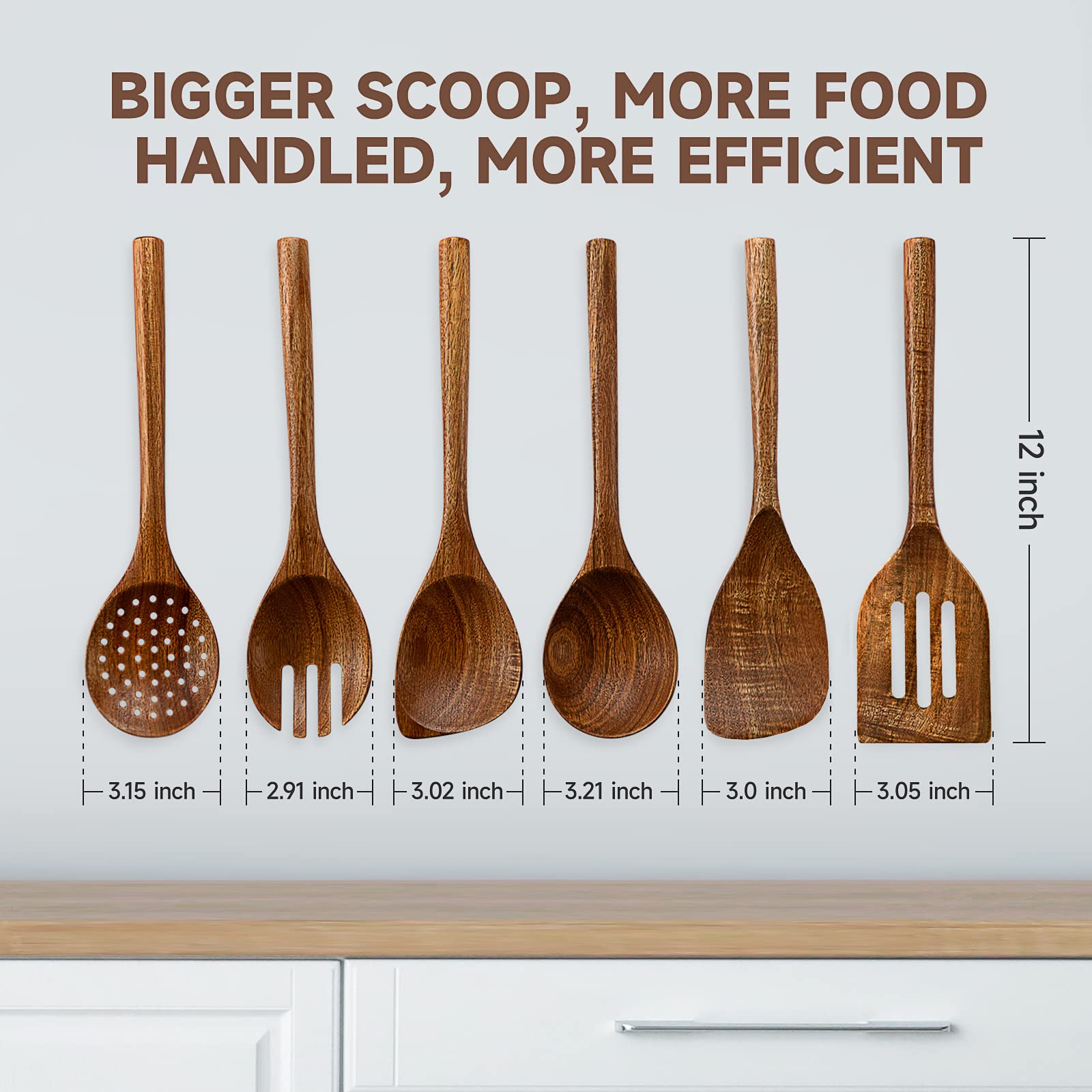 Wooden Spoons Utensils for Cooking Serving 6-Piece 12 Inch Round Handle Acacia Wood Non Stick Set