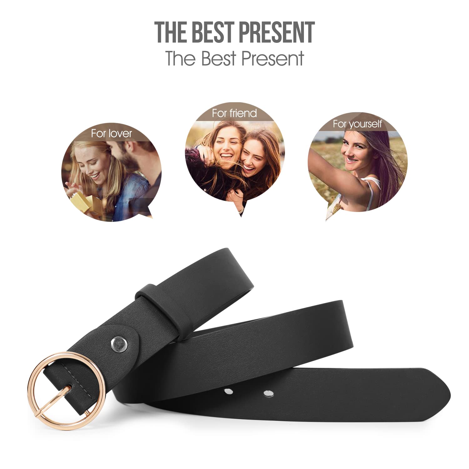 SUOSDEY Women Leather Belts,Plus Size Fashion Soft Faux Leather Jeans Belts with O-Ring Buckle,black