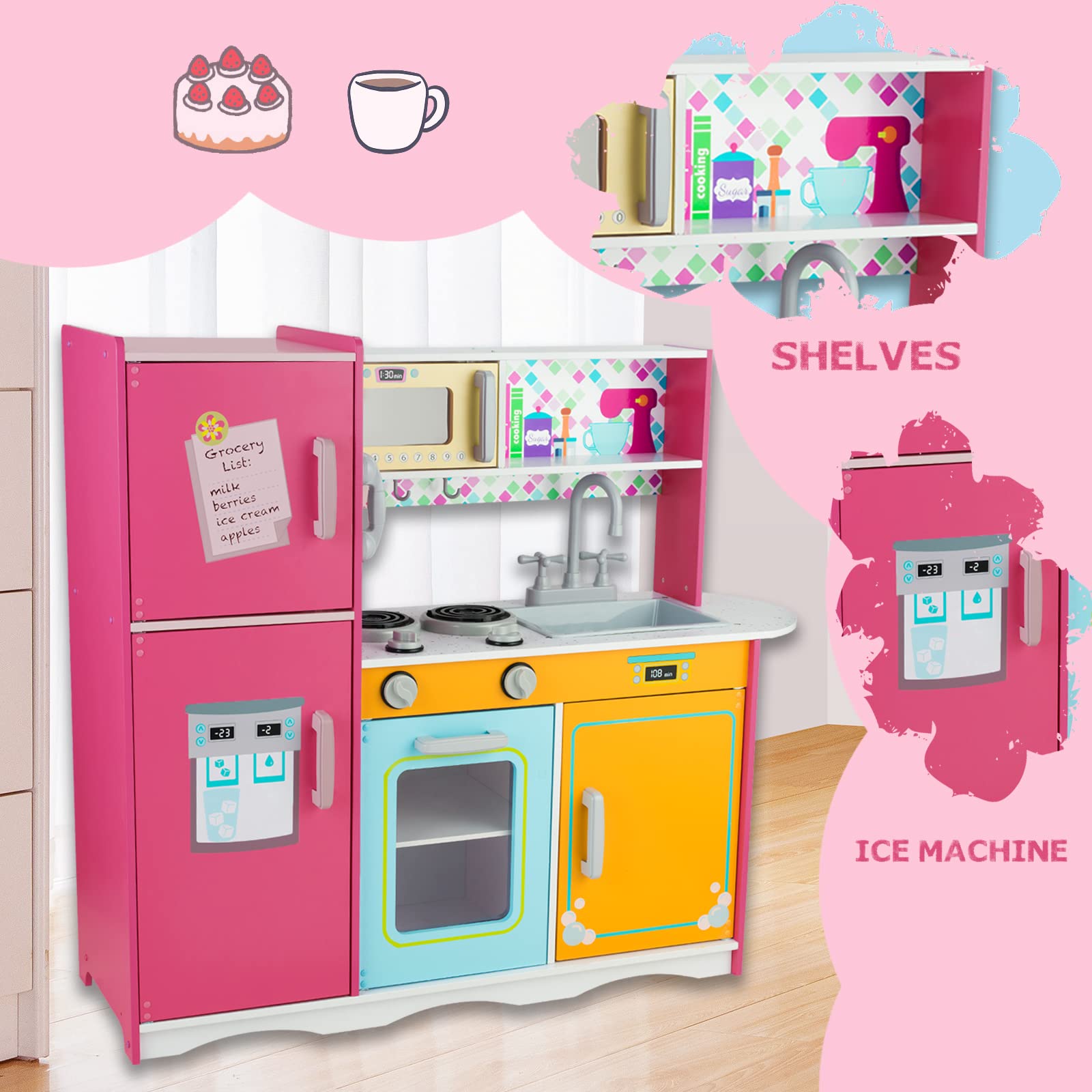 WoodenEdu Kitchen Playset for Kids Ages 3-8, Wooden Pretend Play Kitchen, Including Telephone, Ice Maker, Refrigerator, Dimensions: 35β H x 31β W x 12β D (Colorful)
