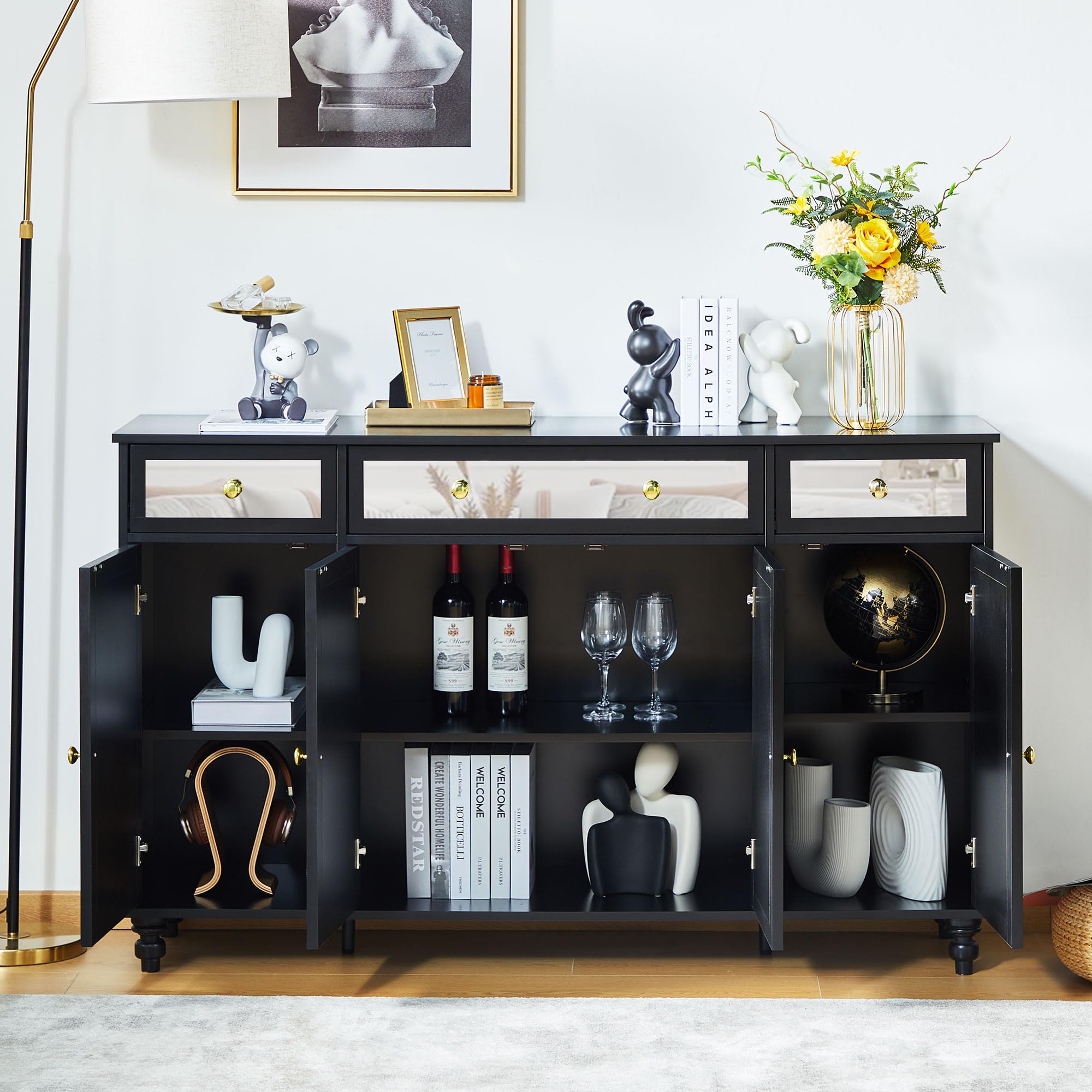 weselon Accent Buffet Sideboard with 4 Mirror Doors, Luxury 3 Drawer Storage Cabinet with Adjustable Shelves, Accent Buffet Cabinet for Living Room