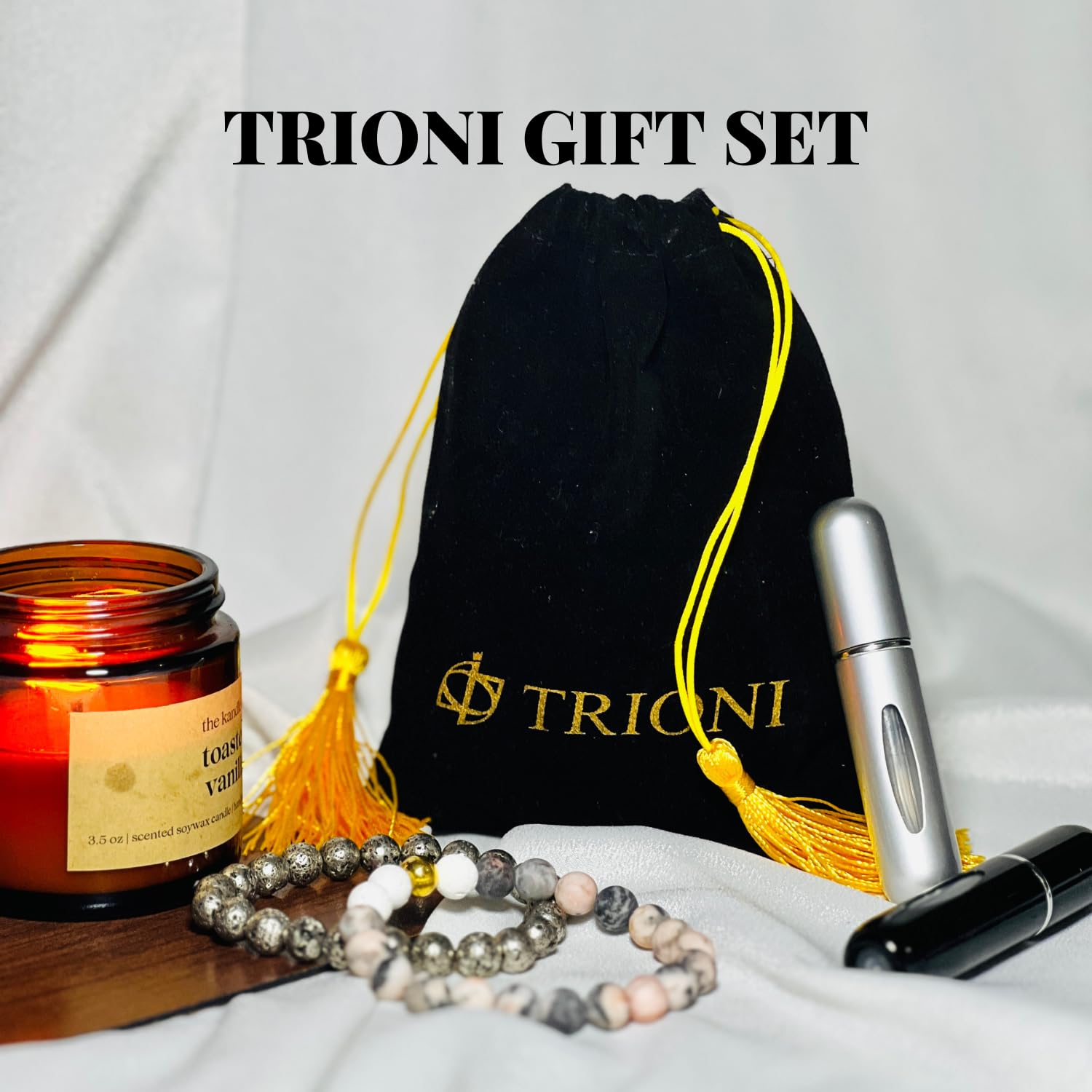 TRIONI Women's Fragrances Perfume Gift Sets, YSL Black Opium 1.6 Ounce Eau de Parfum for Women, Mini Refillable Atomizer Perfume Spray, Lava Stone Diffuser Beaded Bracelets and Velvet Drawstring Pouch