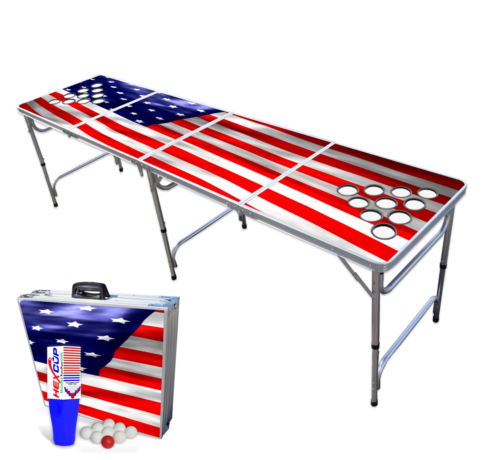 Standard 8-Foot Folding Pong Table w/HEXCUPs, Pong Balls, and Cup Holes - America Edition