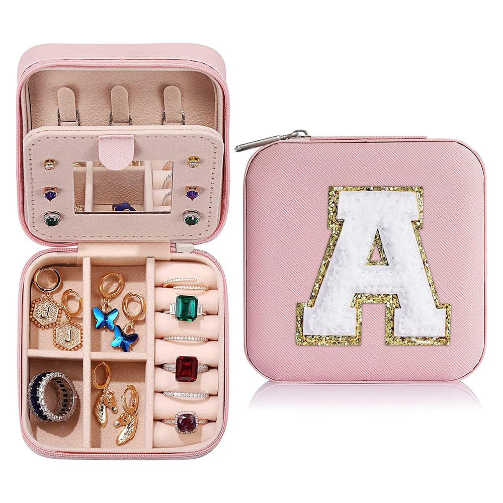 WWDAY Small Travel Jewellery Box, Fashion Jewellery Box, Pink Jewellery Box for Girls,Alphabet Jewelry Box（Pink-A）， Halloween and Christmas Gifts, Gift for Girlfriends, Wedding Gift