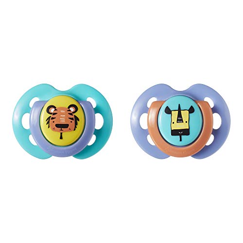Tommee Tippee Fun Style Pacifiers, Symmetrical Design, BPA-Free Silicone Binkies, 0-6m, 2 Count, Colors and Designs Vary