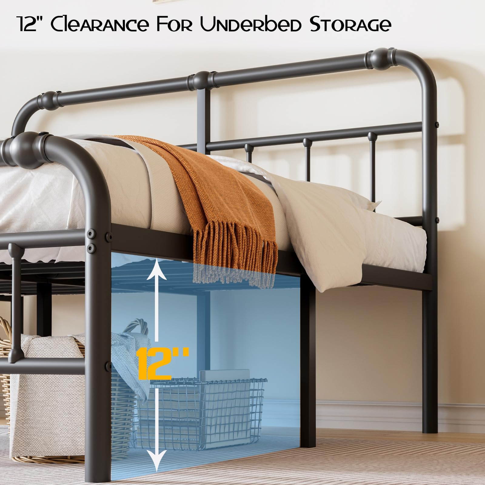 ZIYOO Queen Bed Frame with Headboard and Footboard, 14 Inch High, Heavy Duty Steel Slats Up to 3500lbs Support, No Box Spring Needed, Easy Assembly, Noise-Free Platform-Black