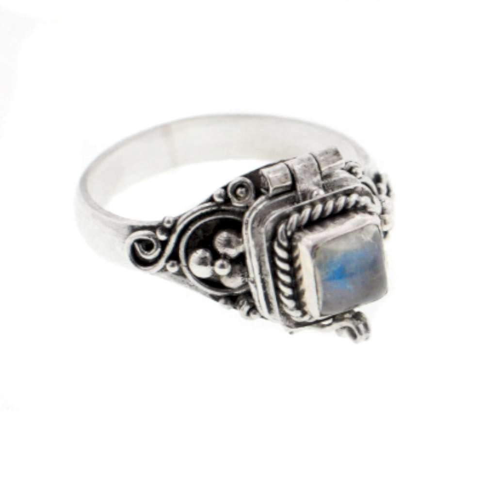 Square Sterling Silver Rainbow Moonstone Poison Box Locket Ring Size 9(Sizes 4,5,6,7,8,9,10,11)