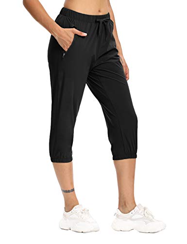 Womens Lightweight Joggers Capri Pants UPF 50+ Hiking Pants Sun Protect Capris for Summer(Black,M)