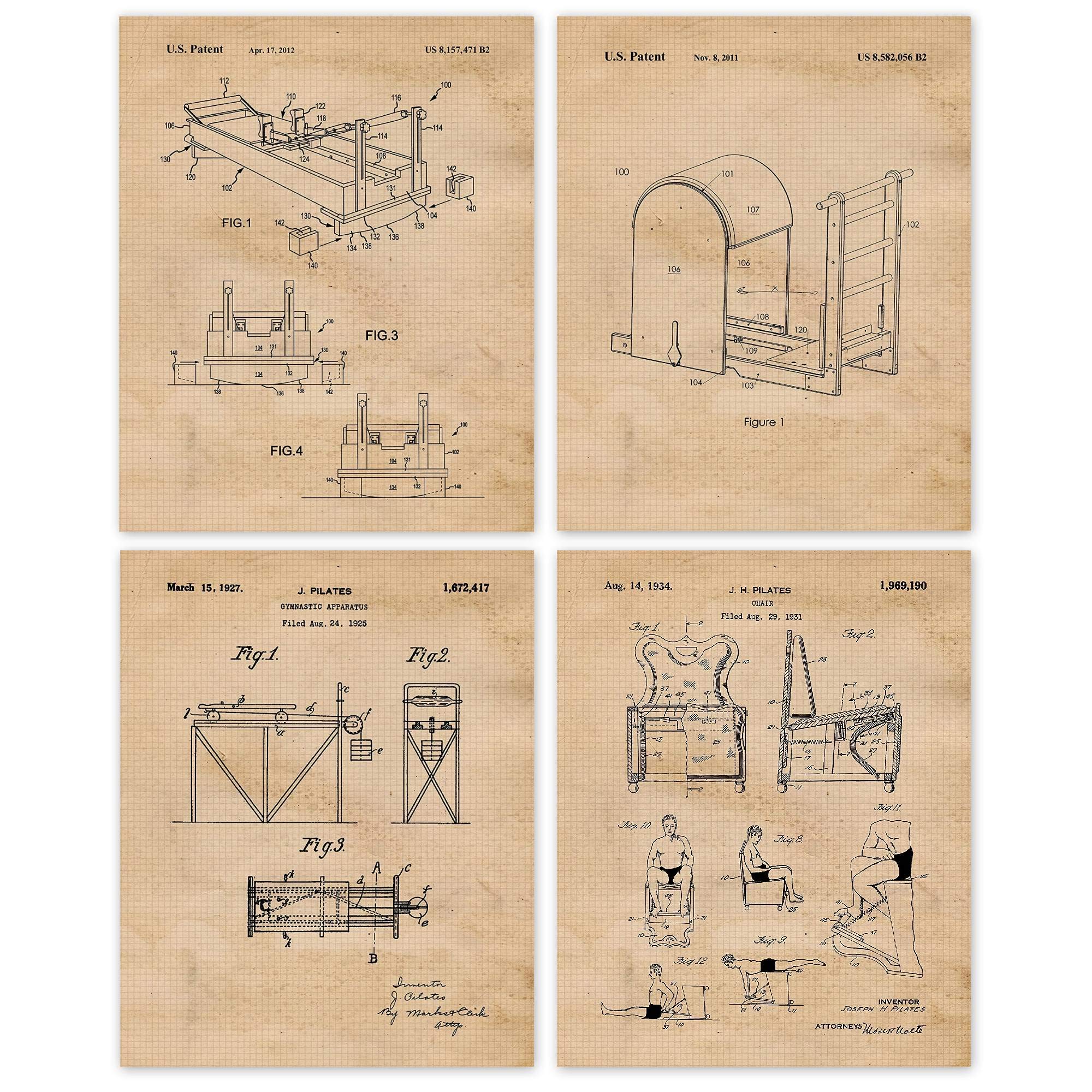 Vintage Pilates Machines Patent Prints, 4 (8x10) Unframed Photos, Wall Art Decor Gifts for Home Office Gears Garage Studio Shop School Gym College Student Teacher Coach Health Training Instructor Fans