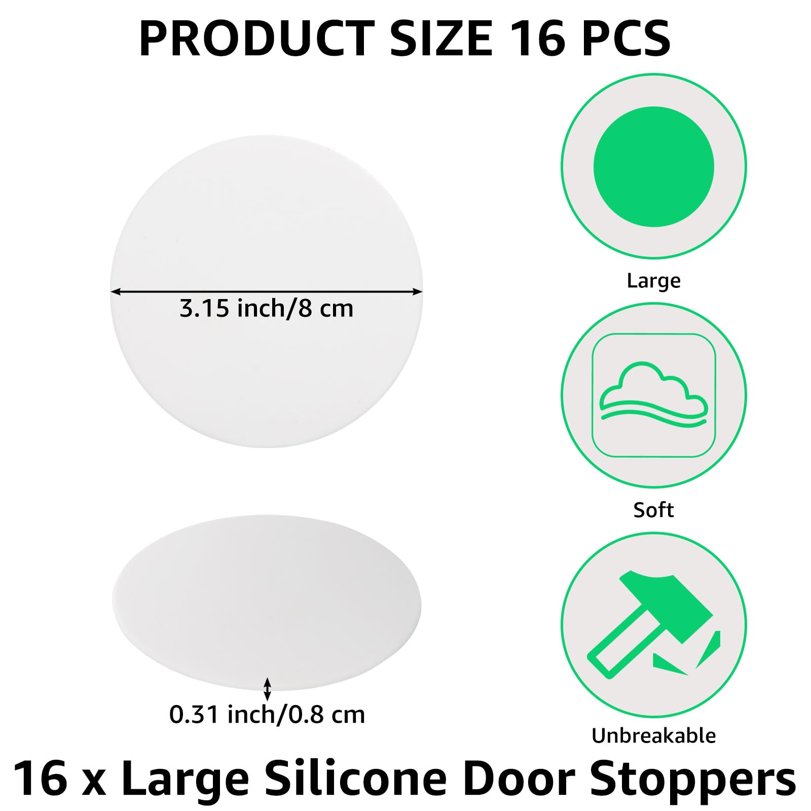 WOPPLXY 16 Pcs Door Stoppers Wall Protector, 3.15" Large White Silicone Door Bumpers with Strong Thickened Adhesive, Quiet/Shock Absorbent Door Knob Wall Protector Door Bumper to Protect Wall Surfaces
