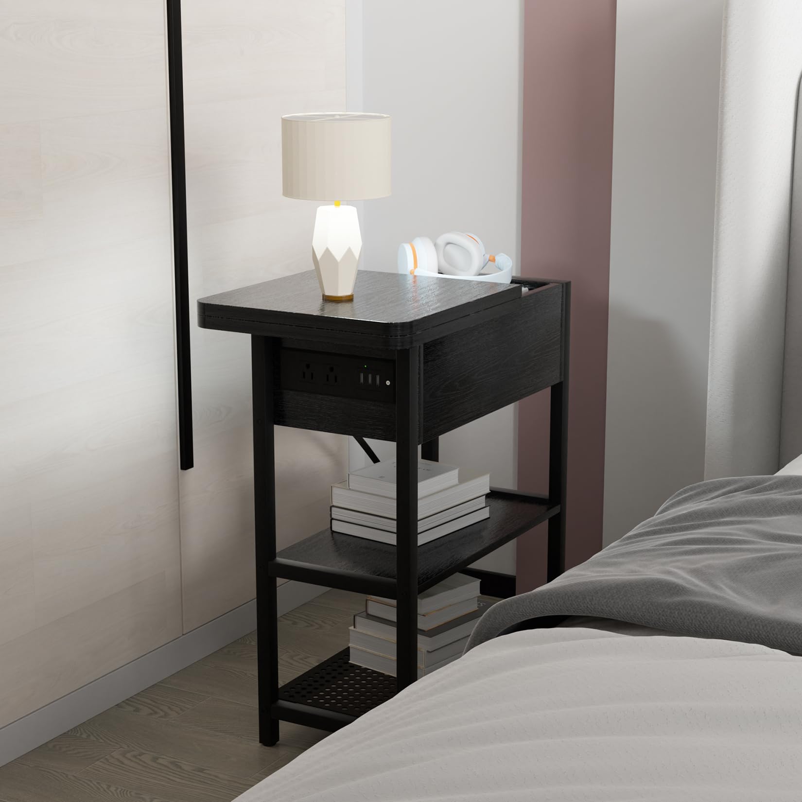 Yenlure End Table with Charging Station, Narrow Side Table with 5 USB Ports & Outlets, Flip Top Nightstand for Small Space, Bedside Table with Storage Shelf for Living Room/Bedroom, Black