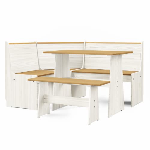 Urban Home Furniture Chapman 2 Tone Natural/White Solid Wood Corner Dining Set, Reversible Breakfast Nook