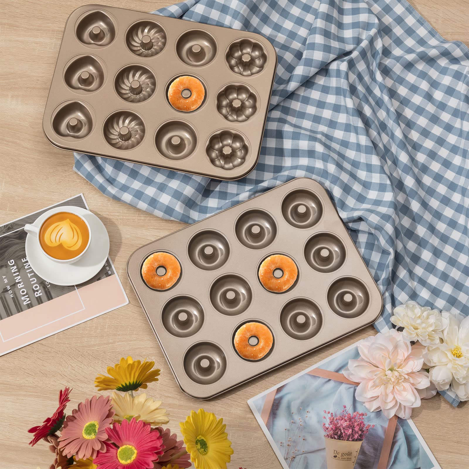 Zubebe Carbon Steel Donut Molds, 12 Cavity, Nonstick, 13.9 x 10.4 x 0.9 Inch, Champagne Gold