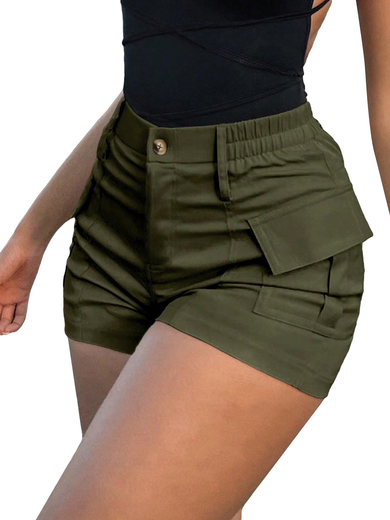 WDIRARA Women's High Waist Button Streetwear Cargo Shorts with Pockets Army Green M