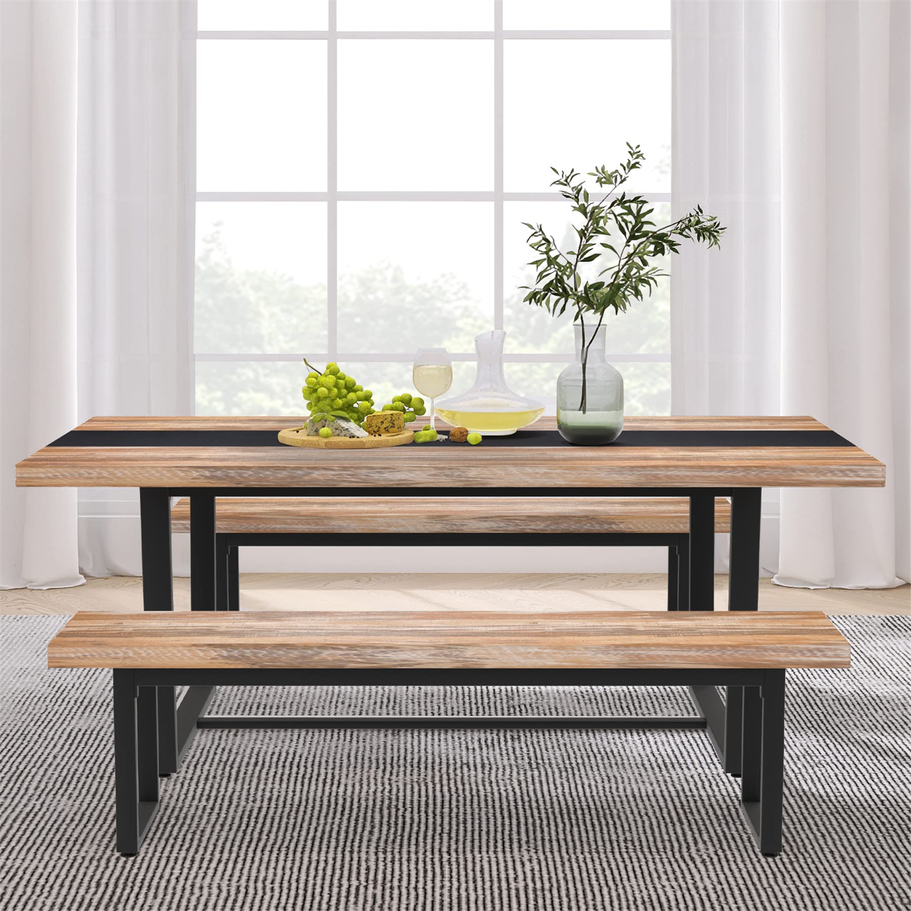 STHOUYN 71β 6ft Dinner Table Set for 6 8 12 Seat Dining Room Table with Bench, Rectangular Farmhouse Modern Kitchen Long Table, Black & Brown Industrial Dining Conference Table (3 Piece 71")