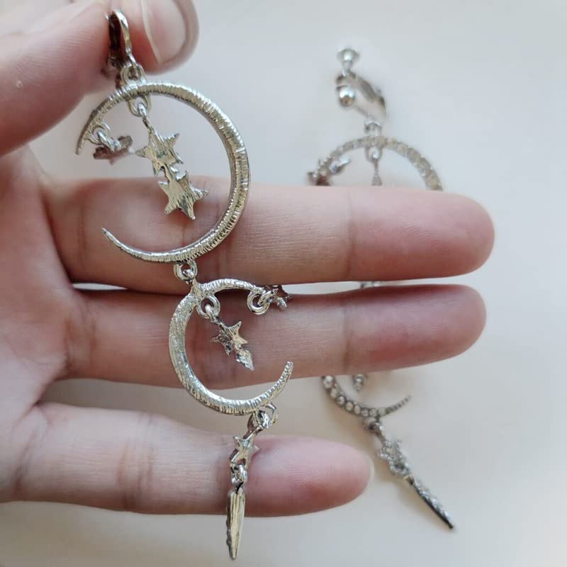 Usresu Clip on Earrings Vintage Star Moon Tassels Dangle Rhinestone Silver-tone Plated