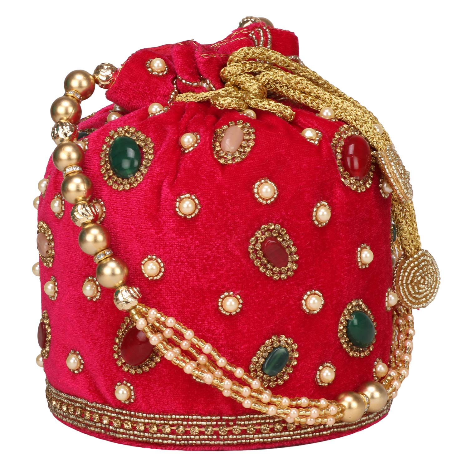 Suman Enterprises Fantastic Velvet Potli Batwa Pouch Bag with Stone & Beads Work For Women (Pink)