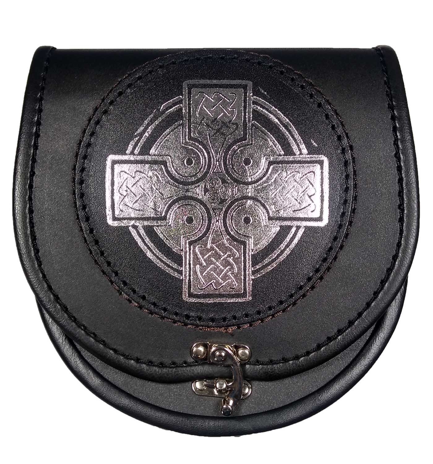 UT Kilts Silver Celtic Cross Leather Sporran