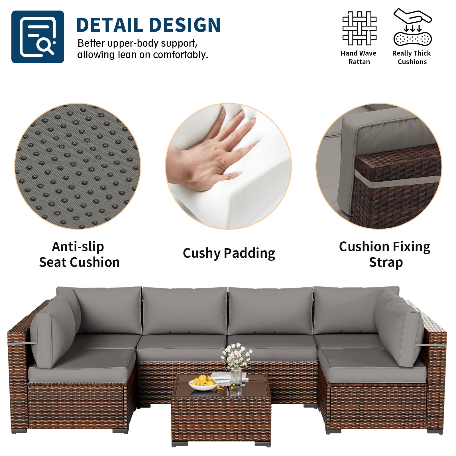 UDPATIO Patio Furniture Sets, Modular Rattan Outdoor Patio Sectional Furniture Sofa Set, Wicker Patio Conversation Set for Backyard, Deck, Poolside w Glass Coffee Table, 7PC Grey (Include Sofa Cover)