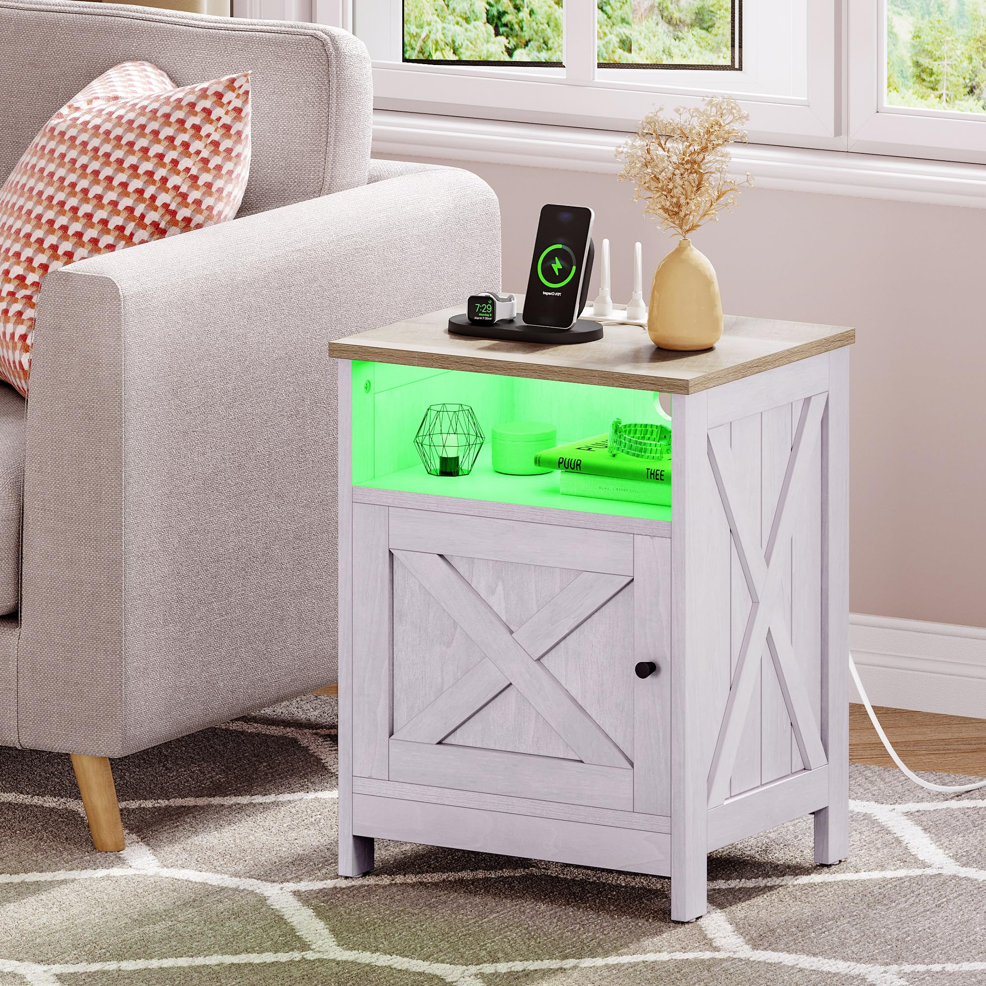 YITAHOME Farmhouse Nightstand with LED Lights & Charging Station, Night Stands with Storage Cabinet for Bedroom, End Side Table Bedside Table with Storage Shelf, Set of 2, Silver Grey + Rustic White