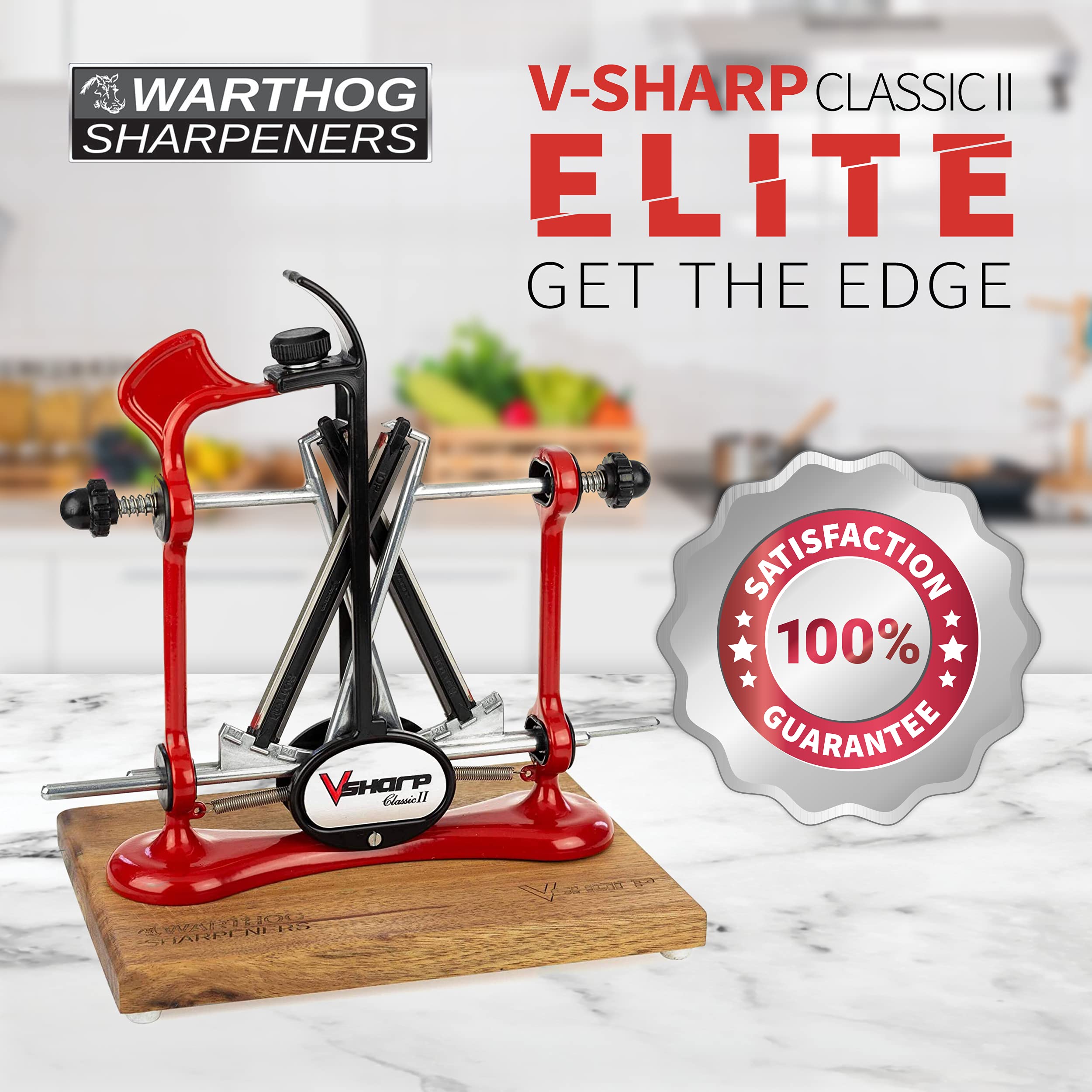 Warthog V-Sharp Elite Knife Sharpeners with Deluxe Wooden Base, 325 Grit Diamond Rods with Adjustable Angles, Professional Knife Sharpener System, Metal Frame Construction, Red