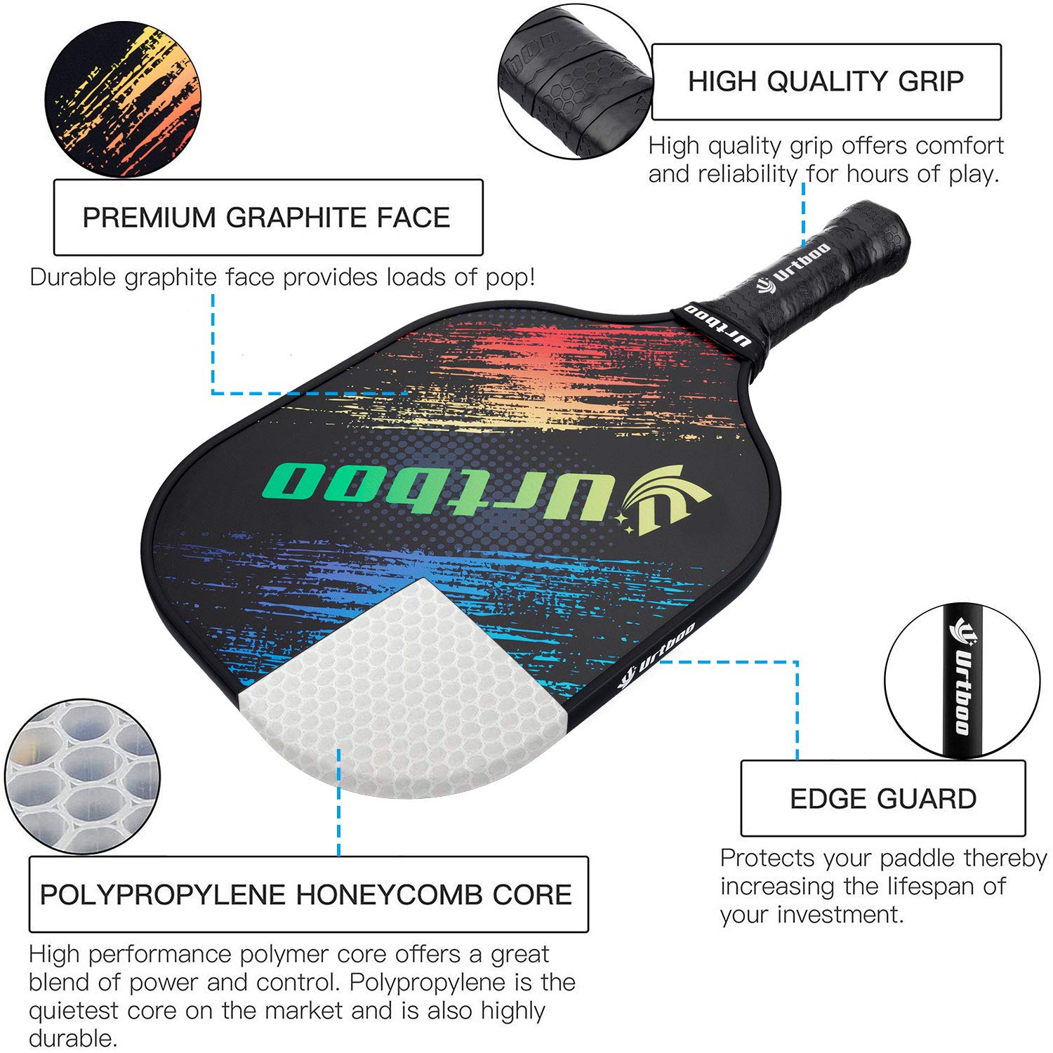 Urtboo Pickleball Paddle Rackets,USAPA Approved Graphite Carbon Fiber face Pickleball Paddles Sets,Full Pickleball for Beginner