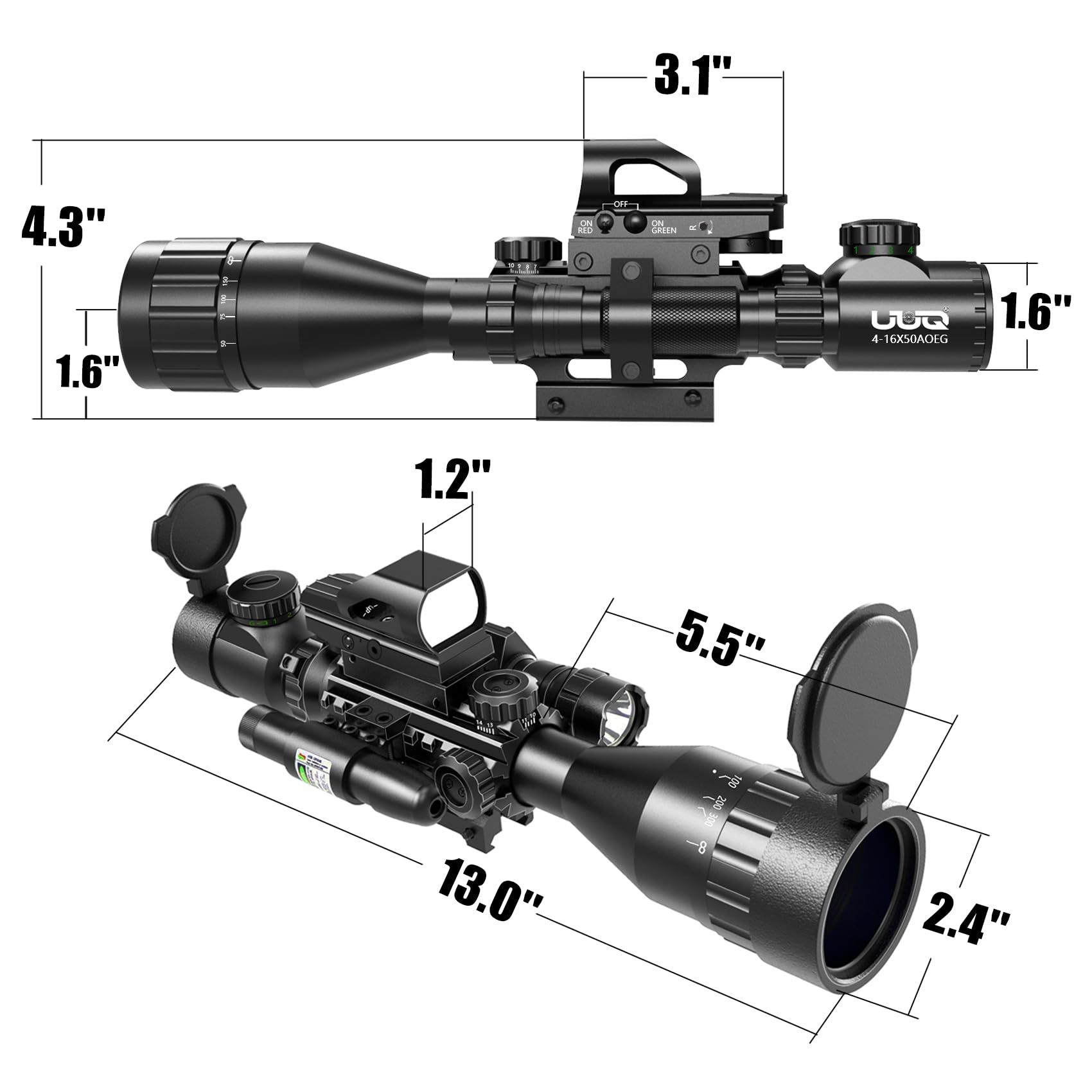 UUQ 4-16X50 AO Rifle Scope Red/Green Illuminated Range Finder Reticle W/Green Laser - Holographic Reflex Red Dot Sight - 5 Brightness Modes Flashlight (4-16X50 AO)
