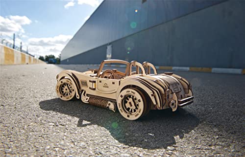 UGEARS Drift Cobra Racing Car Puzzle - Wooden 3D Puzzles for Adults Model Car Kit with Powerful Spring Motor - Retro Racing Car Model Building Kits Adult Puzzles - DIY Miniature Kit - 370 Pcs