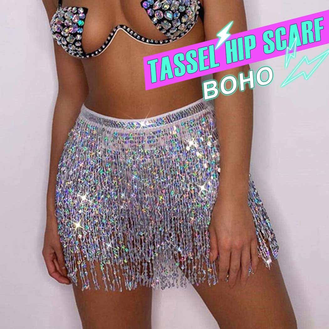 Zoestar Sequin Belly Dance Skirt Tassel Hip Scarf Multilayer Dance Belt Costume Performance Party Skirt Wrap for Women and Girls (Silver)