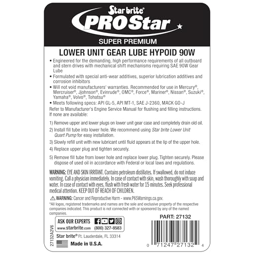 STAR BRITE Hypoid 90W Lower Unit Gear Lube - Ultimate Marine Grade Lubricant for Outboard Motors & Stern Drives - 32 OZ (027132)