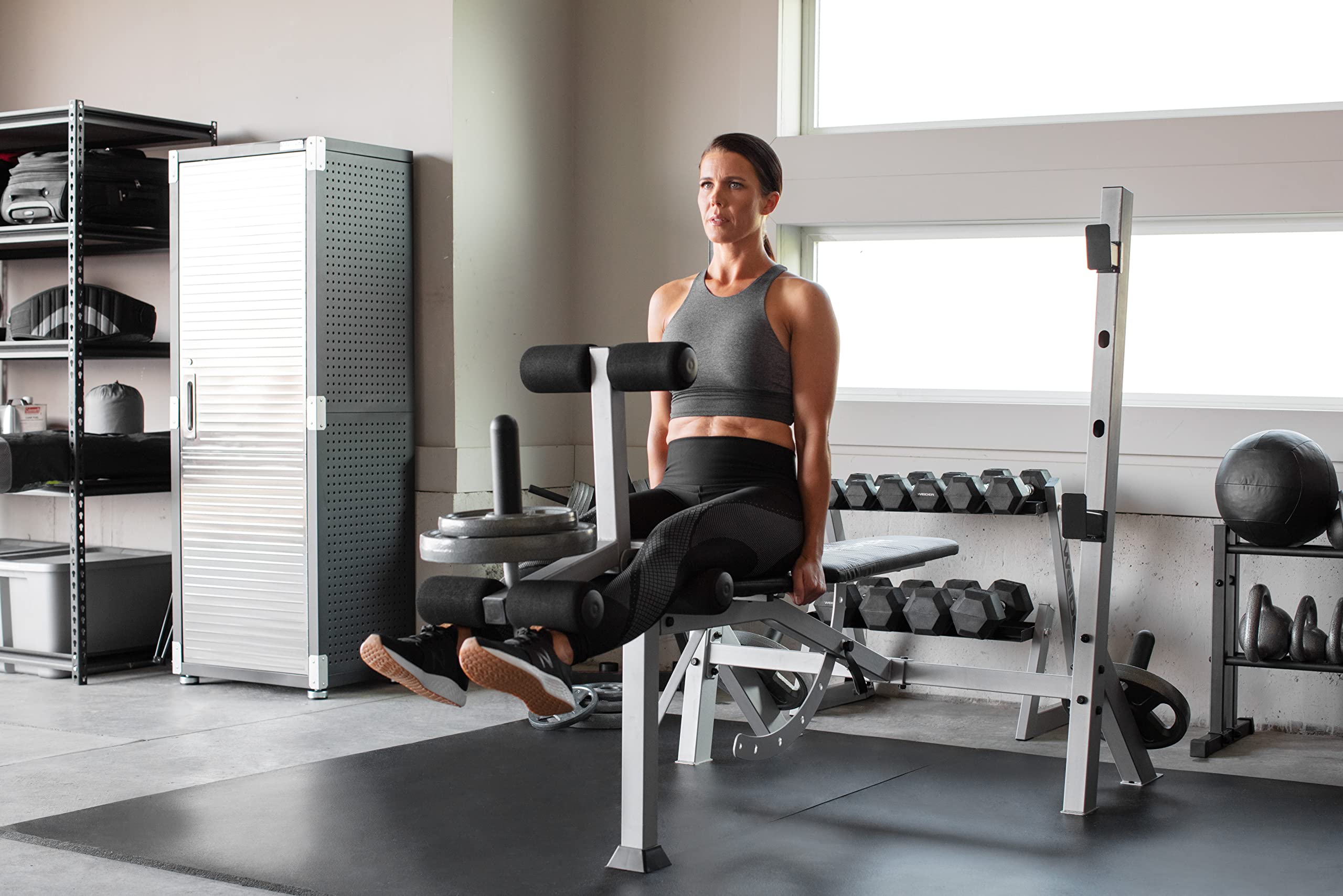 Weider Platinum Olympic Weight Bench and Rack with Adjustable Spotting Arms and Integrated Leg Developer