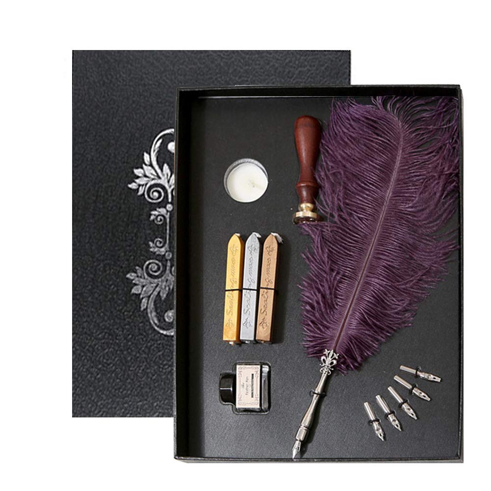 ZZKOKO Calligraphy Pens Set - Quill Pen Set for Beginners, Calligraphy Set Includes Feather Dip Pen, Seal Stamp, 3 Wax Seal Sticks, White Wax, 5 Nibs, Black Ink Bottle