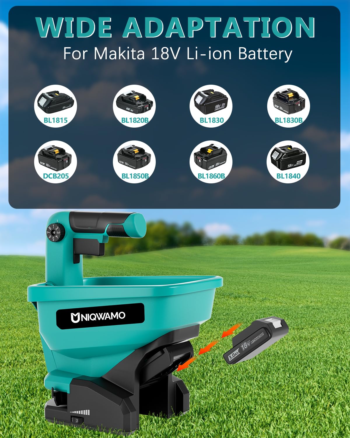 Uniqwamo Grass Seed Spreader for Makita 18V Li-ion Battery, Available Year-Round, Grass Seeds, Rock Salt (Battery not Included)