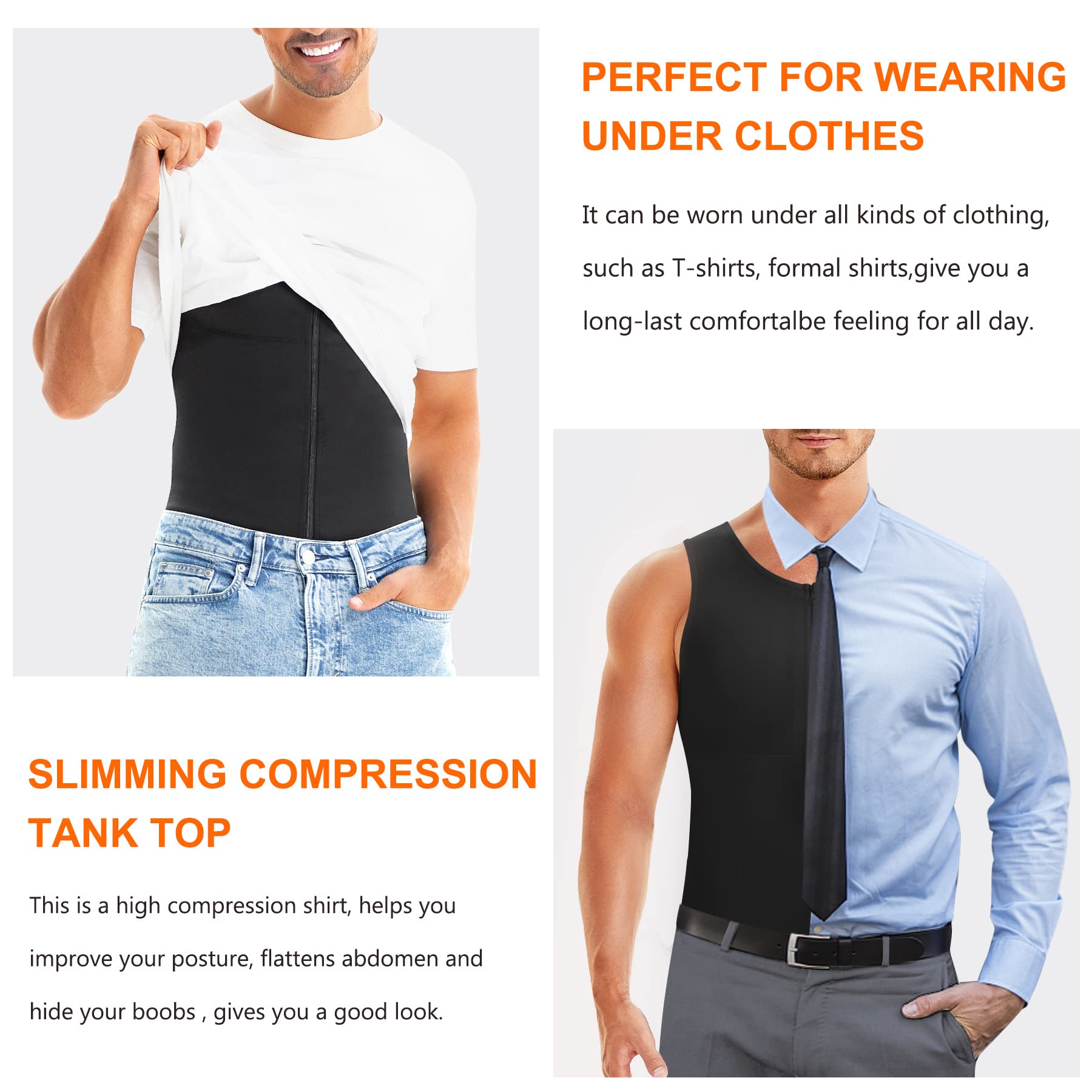 Wonderience Compression Shirts for Men Undershirts Slimming Body Shaper Tank Top Vest with Zipper (Black, Large)