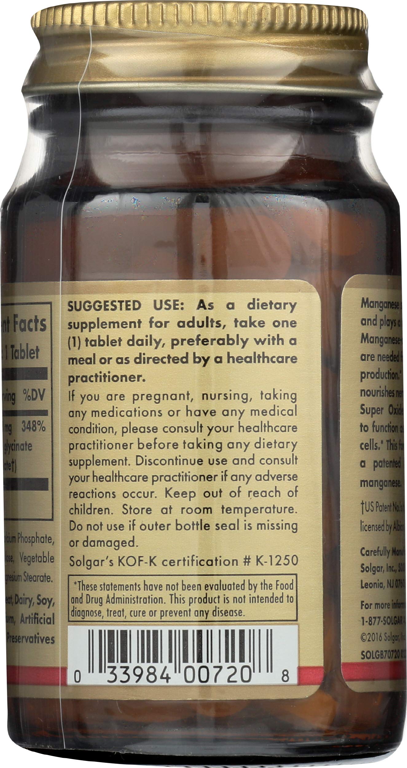 Solgar Chelated Manganese Tablets, 100 Tabs