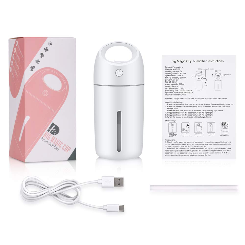 Ultrasonic Air Humidifier with 7 Colors LED, 280ml Adjustable Mist Modes, USB Rechargeable & Quiet Operation & Auto Shut-Off for Office Travel Home Baby