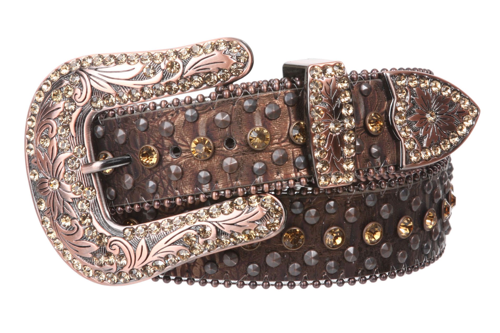 Western Cowgirl Faux Alligator Rhinestone Studded Leather Belt, Brown | 34"
