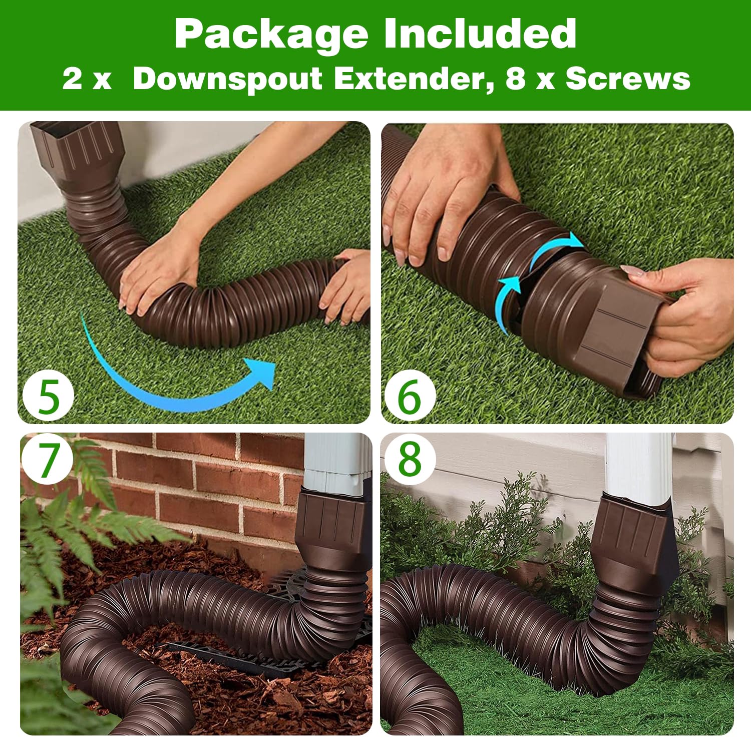 Tobepico 2 Pack Rain Gutter Downspout Extensions Flexible, Drain Down spout Extender Connector 21"-60", Outdoor Shapeable Drain Pipe, Screws Included, Black