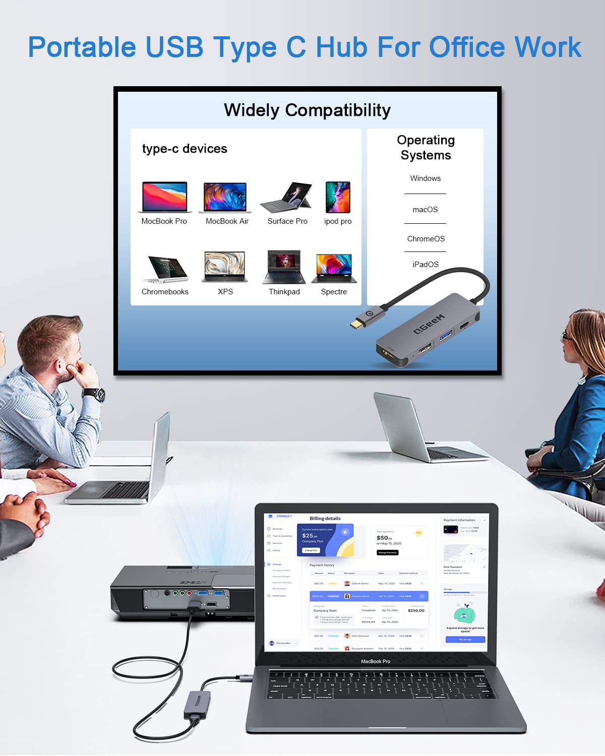 USB C Hub, QGeeM 4-in-1 USB C to HDMI Adapter with 4K USB C to HDMI Hub,100W Power Delivery,USB 3.0,Thunderbolt 3 Hub Compatible for MacBook Pro, XPS, iPad Pro,More Type C Devices