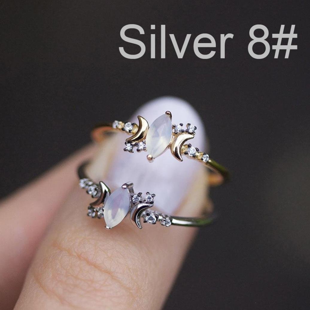 Wedding Band, Chic Women Moon White Opal Engagament Band Halo Designer Ring Size (Silver, 6)