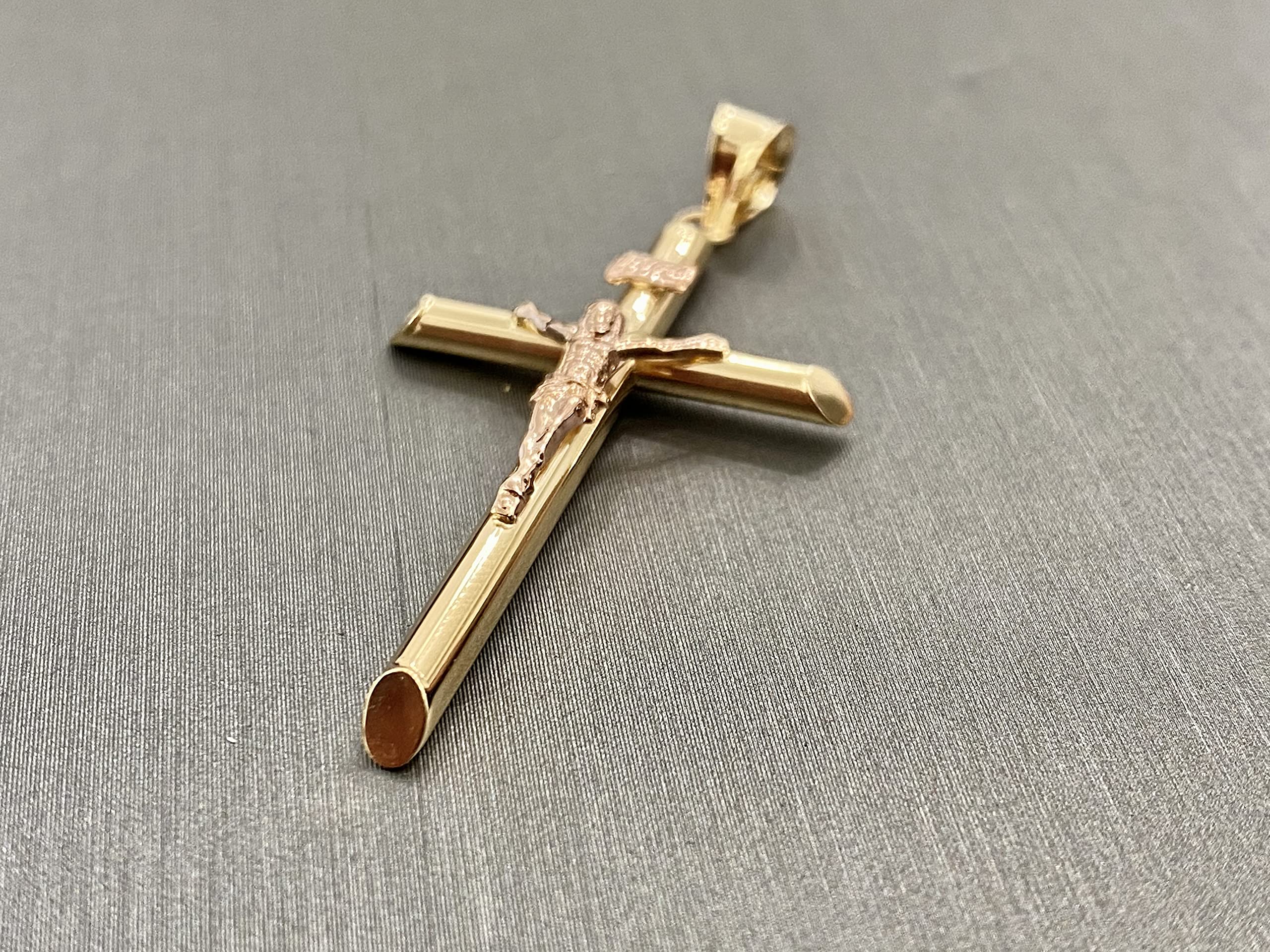 Solid 14K Yellow Rose Gold Crucifix Pendant - 38mm x 24mm Two Tone Jesus Cross Charm Religious Pendant - Suitable for Men & Women - Great Gift for Christmas & All Occasion