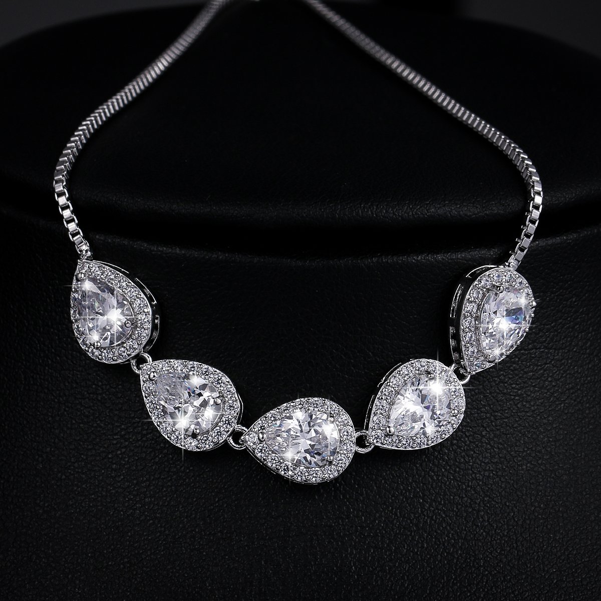 WeimanJewelry Cubic Zirconia CZ Wedding Bridal Pear Cut Adjustable Teardrop Chain Bracelet for Women Lady (Silver)