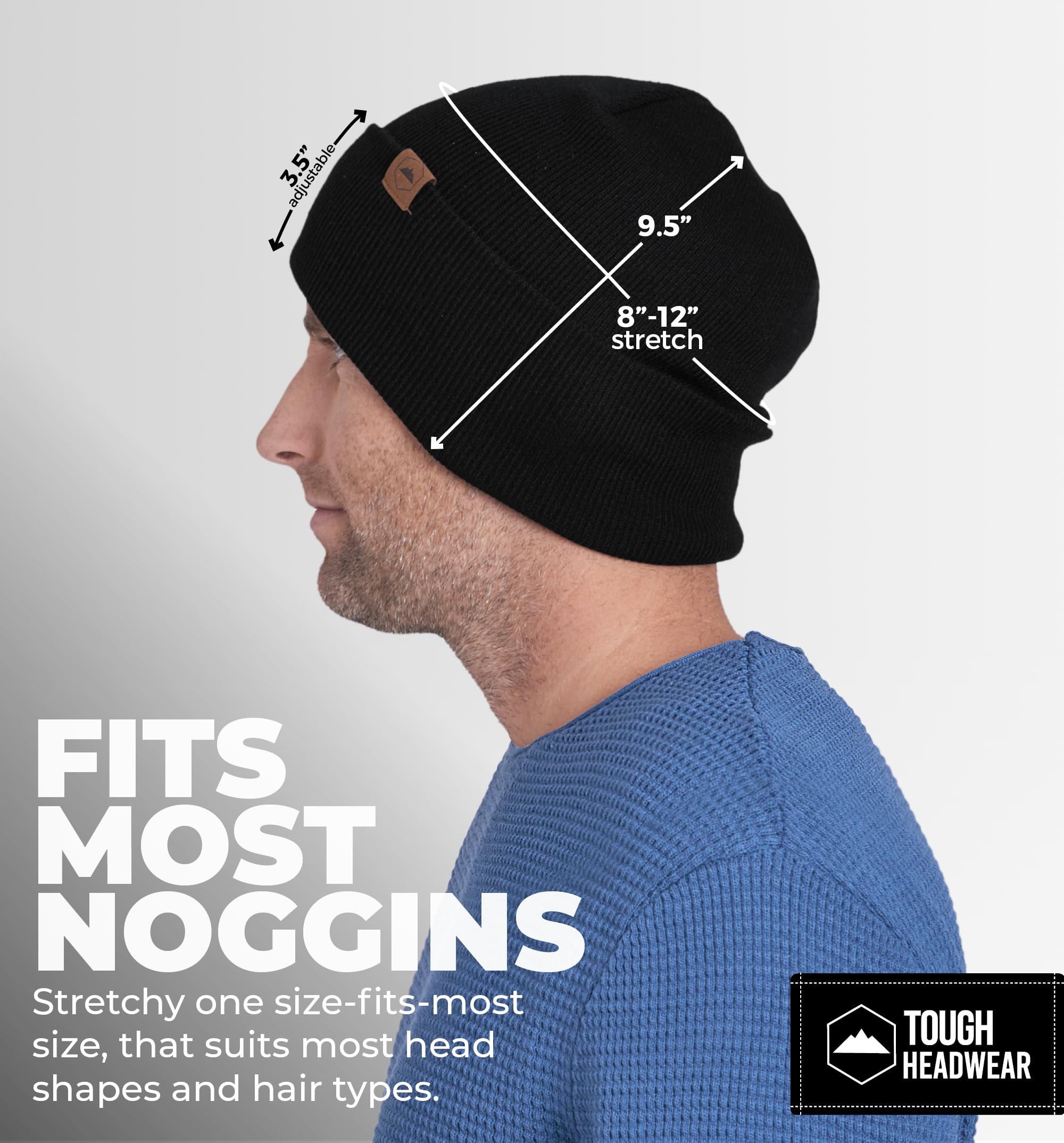 Tough Headwear Cuffed Beanie Hats for Men - Winter Beanies for Women - Toboggan Hat - Mens Winter Knit Hat - Stocking Cap Black