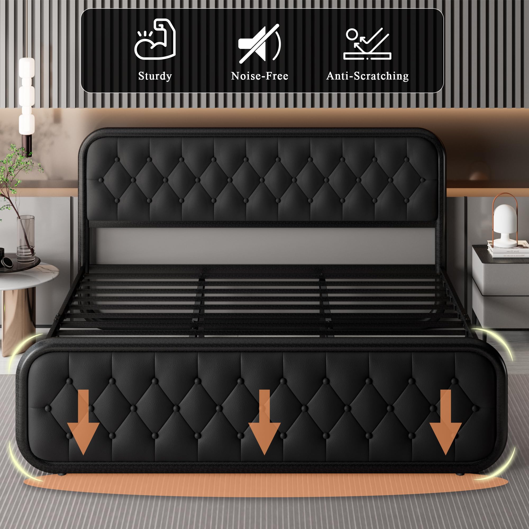 SUMELL King Size Bed Frame - Heavy Duty Bed Frame, Stylish Faux Leather Headboard, Noise-Free and Easy Assembly for The Perfect Night's Sleep (Black)