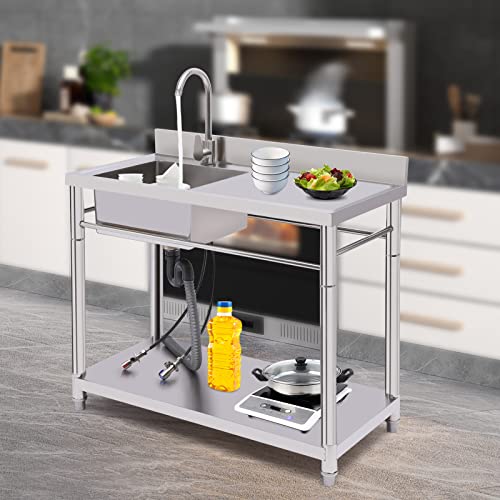 Stainless Steel Kitchen Sink Free Standing Commercial Restaurant Sink Set w/Hot and Cold Faucet, Prep & Utility Washing Hand Basin w/Workbench & Storage Shelves Indoor Outdoor