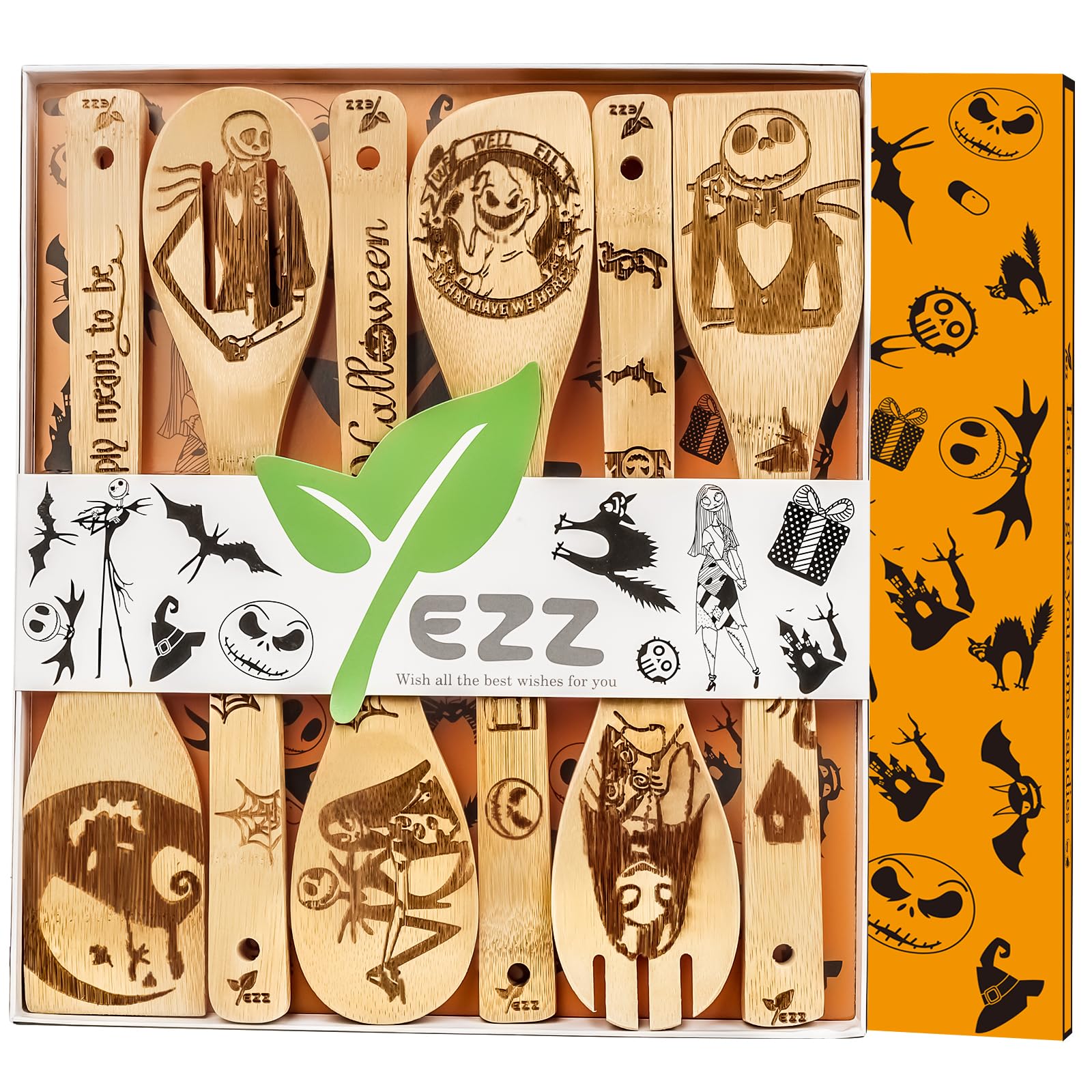 YEZZZZ 6-Piece Wooden Spoons For Cooking & Serving - Christmas Kitchen Cooking Utensils Set - Kitchen Cook Gift Box Set - Christmas Halloween Decor (Halloween-6Piece)