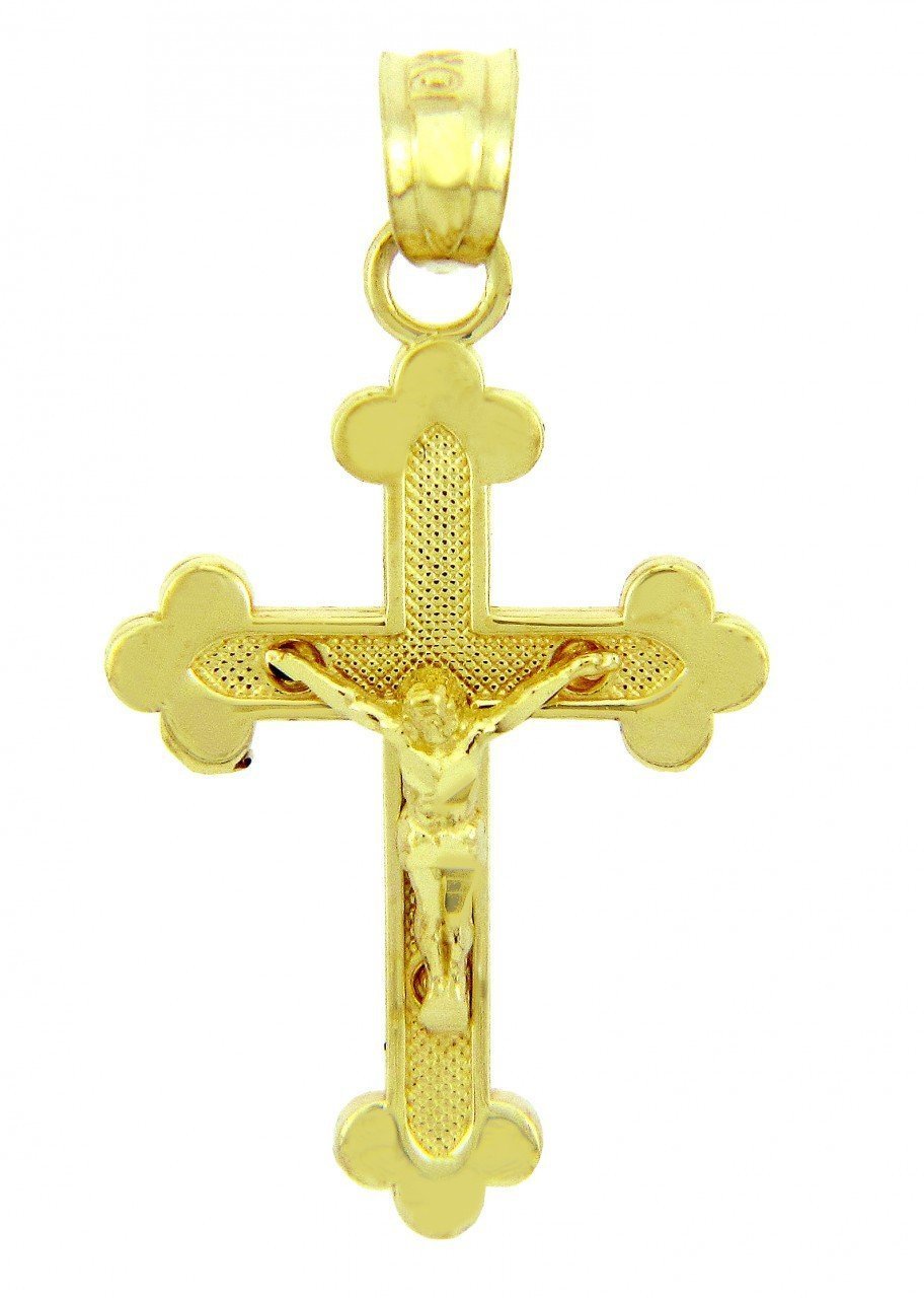 Solid 14k Yellow Gold Budded Cross Charm Crucifix Pendant
