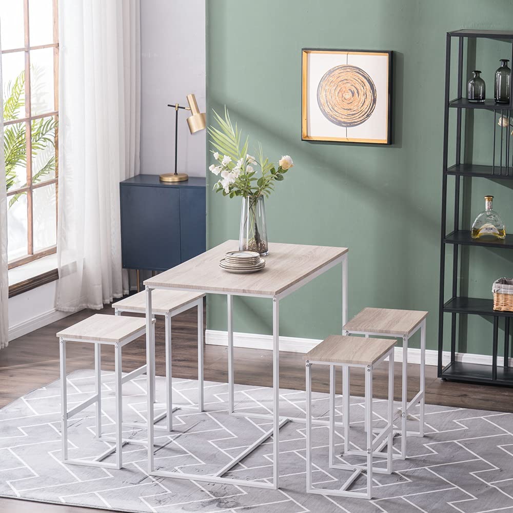 WFHTU Dining Table Set (100 x 60 x 87) cm Oak Simple 87cm High Bar Table and Chairs Set of 5 PVC Paper Lacquered White Matte White