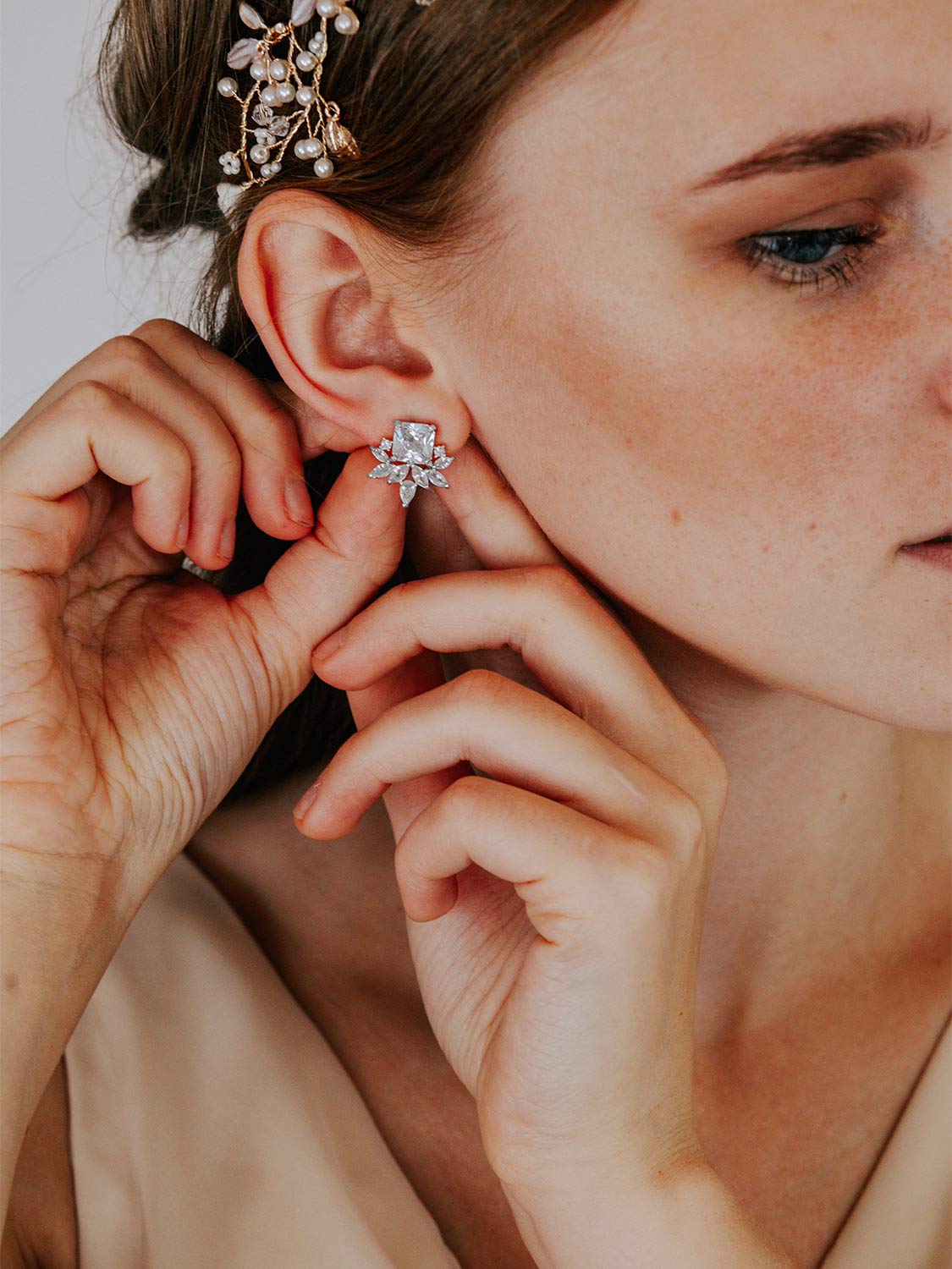 SWEETV CZ Cluster Bridal Wedding Bridesmaids Earrings, Crystal Stud Earrings for Women, Silver,Suitable for Ages 15+