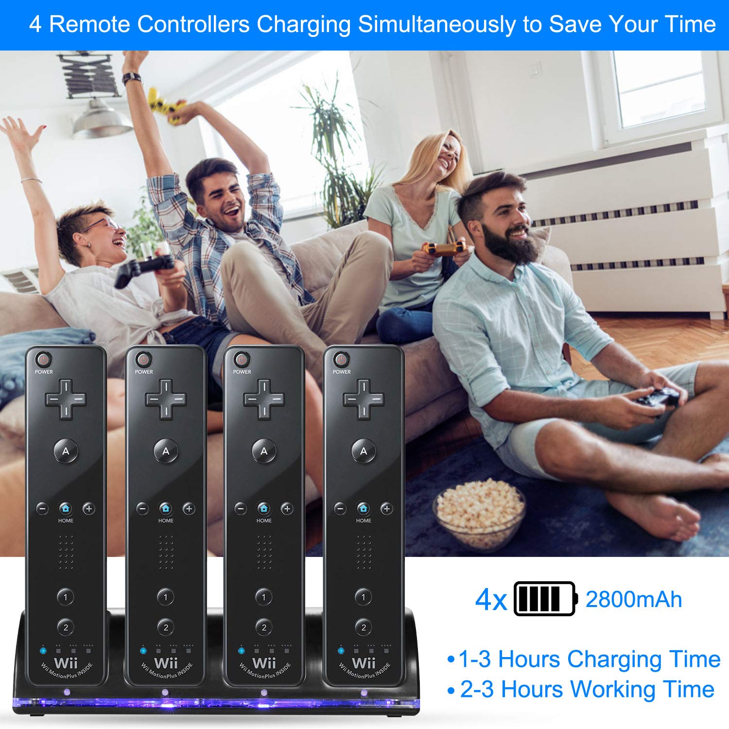 Wii Remote Battery Charger, Moclever 4 port Charging Station Dock with 4 Rechargeable Capacity Increased Batteries and Lengthened Cord Compatible with Wii/Wii U Game Remote Controller